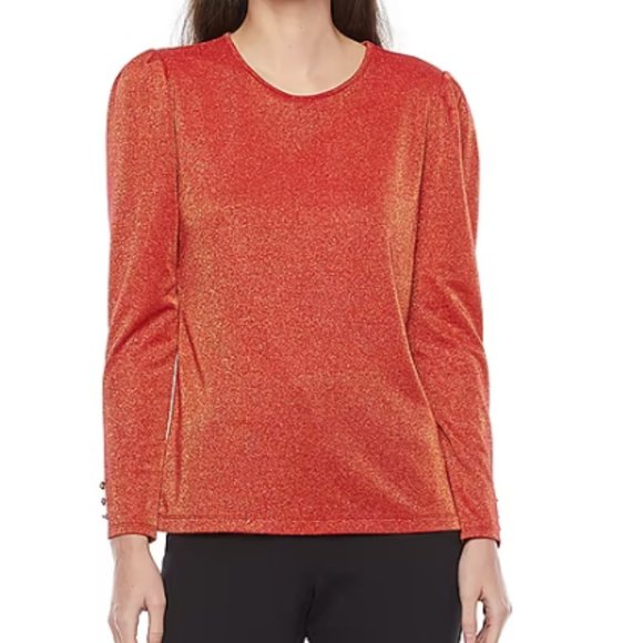 Liz Claiborne | Tops | Womens Crew Neck Red Gold Metallic Long Sleeve ...